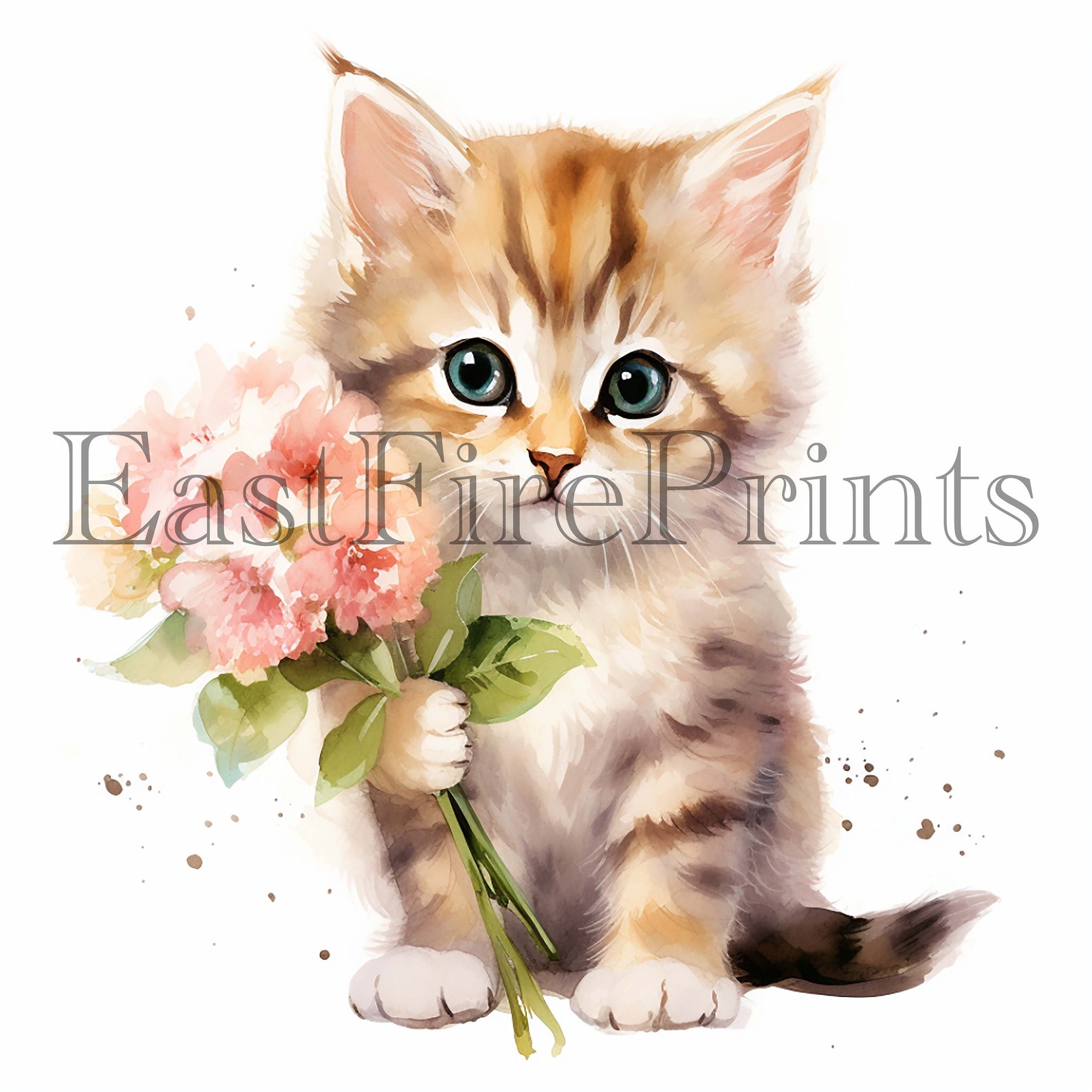 Watercolor Cat and Flower Clipart High Quality Png Cute - Etsy