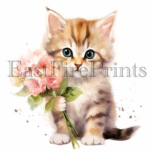 Watercolor Cat and Flower Clipart, High Quality Png, Cute Animal Clip ...