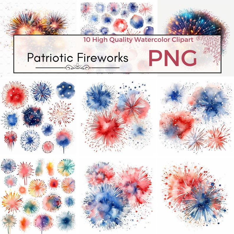 Watercolor Firework Clipart Set of 10 Patriotic Fireworks - Etsy