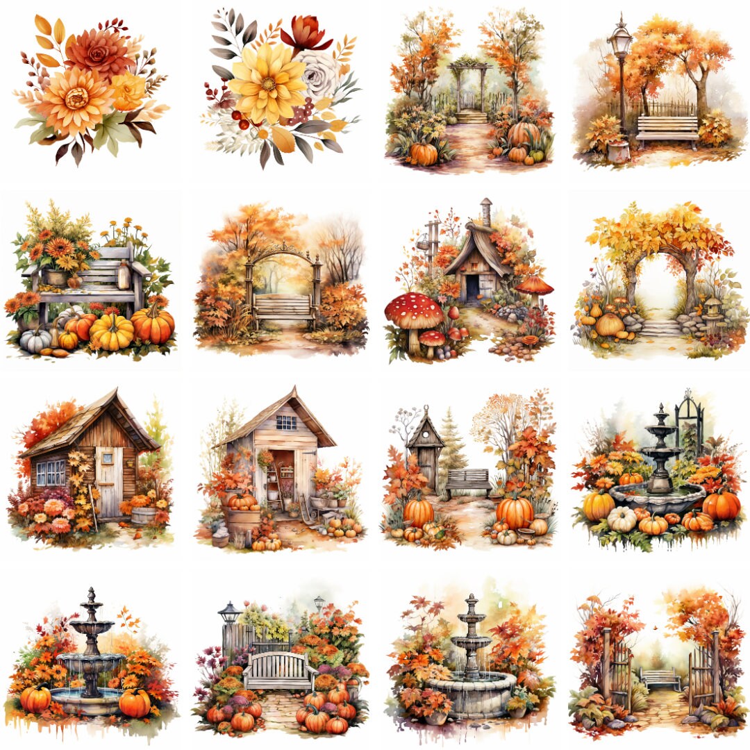 Watercolor Fall Garden Clipart, Autumn Art, Halloween Clipart, Floral ...