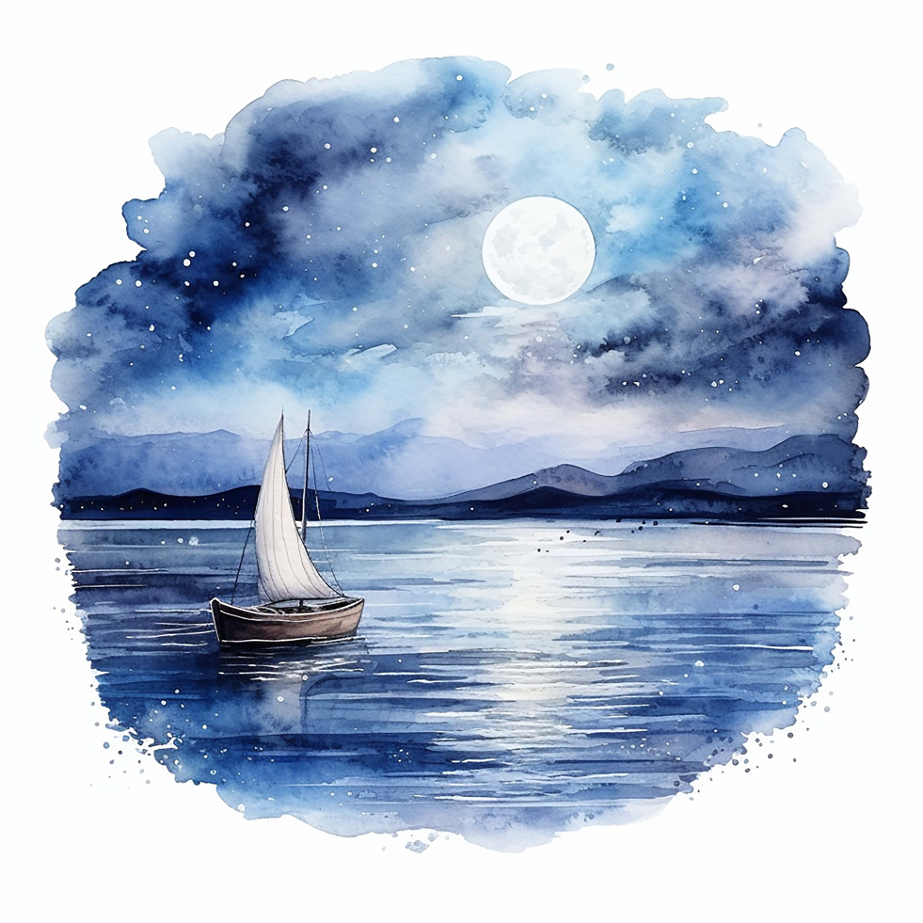 Watercolor Moonlit Seascape Clipart Moonlight Clipart Scenic - Etsy