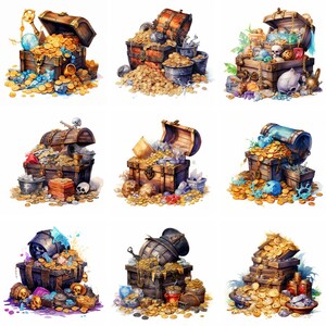 Watercolor Pirate Treasure Clipart, Treasure Chest Gold Coins Clipart ...