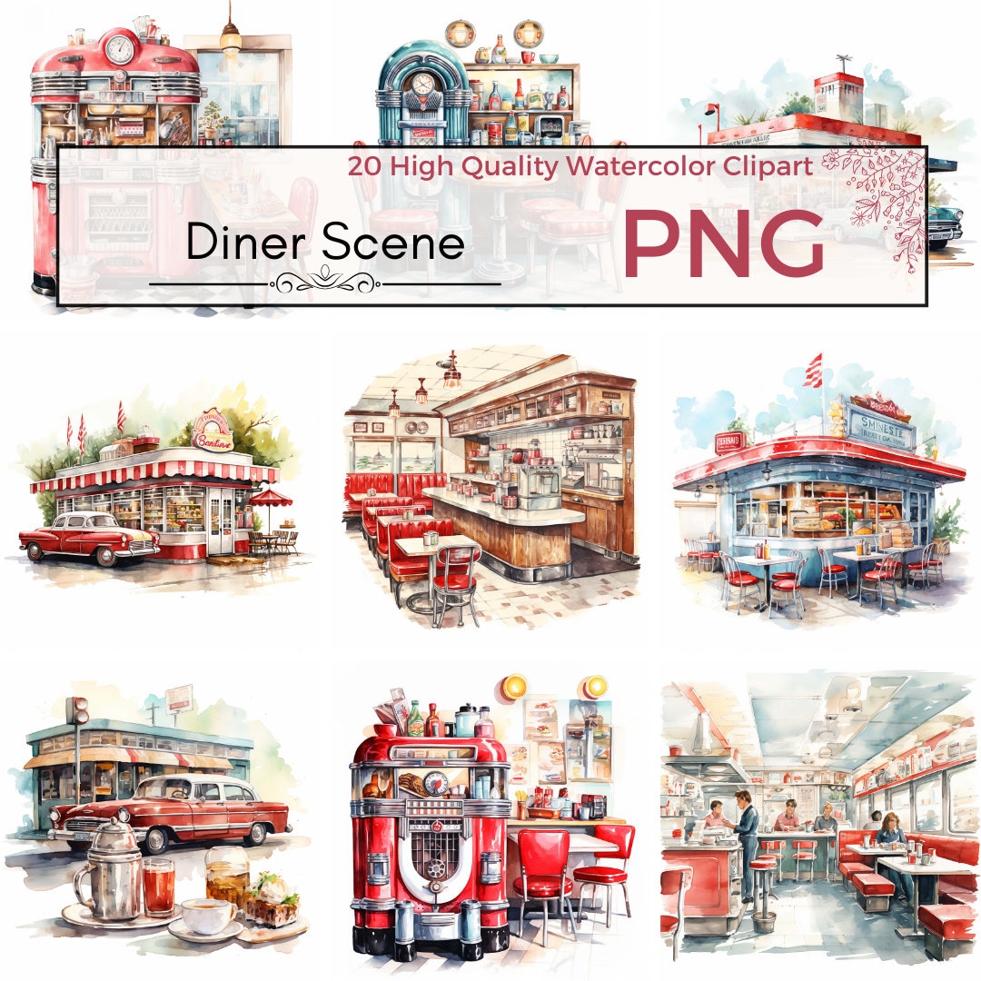 Diner Scene Clipart High Quality Png Retro Clipart Diner - Etsy
