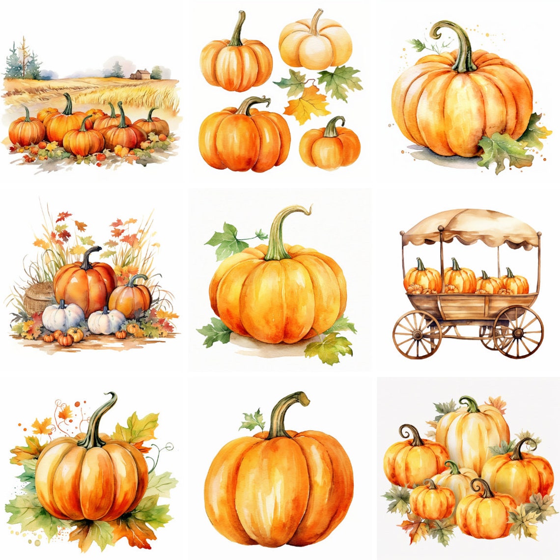 20 PNG Watercolor Pumpkin Clipart Instant Download Fall - Etsy