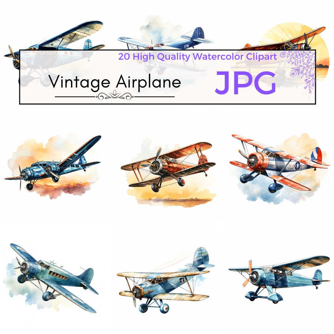 Watercolor Vintage Airplane Clipart JPG, Aircraft Art, Vintage Clipart ...