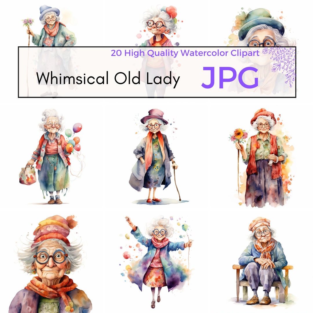 Watercolor Whimsical Old Lady Clipart, High Quality JPG, Quirky Old ...