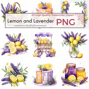 20 Watercolor Lemon and Lavender Clipart, PNG, Floral, Wedding, Summer ...
