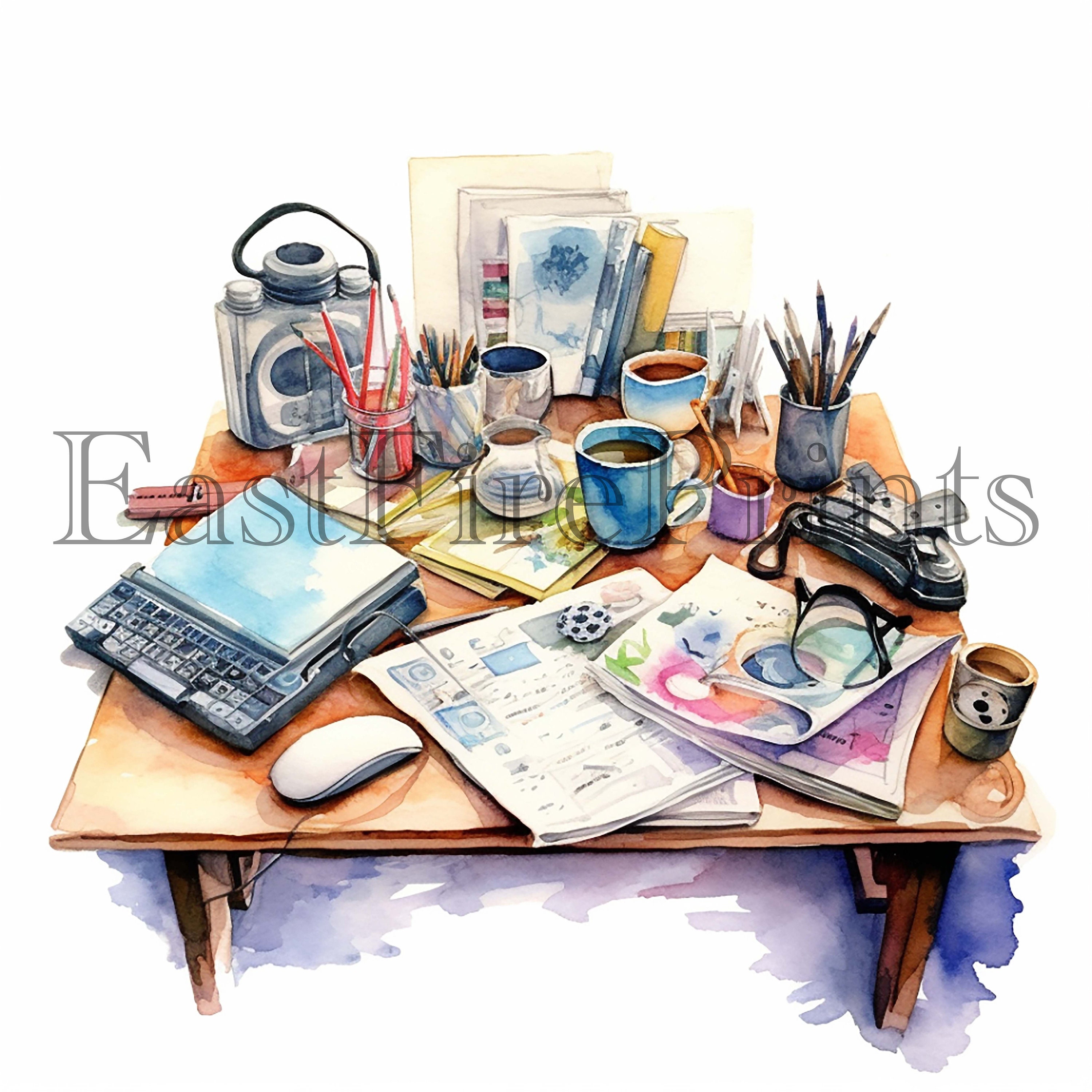 20 Watercolor Desk Scene Clipart Cute Rustic Floral Work - Etsy