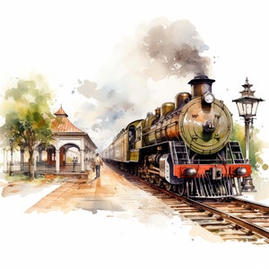 Watercolor Vintage Train Station Clipart, Train Clipart, Nursery ...