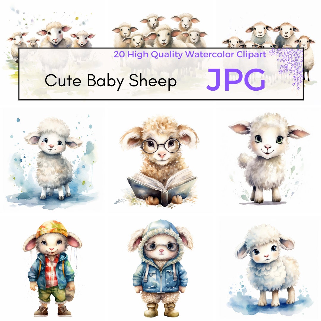 Watercolor Cute Baby Sheep Clipart, High Quality JPG, Sheep Wall Art ...