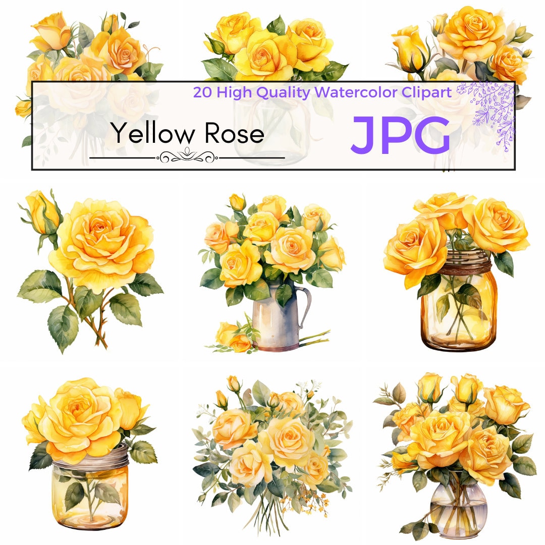 Watercolor Yellow Rose Clipart, Floral Clipart Rose Graphics Flower Jpg ...