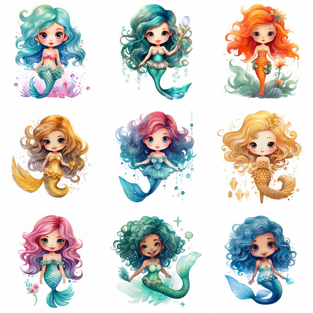 Cute Mermaid Clipart High Quality PNG Nursery Decor Under - Etsy