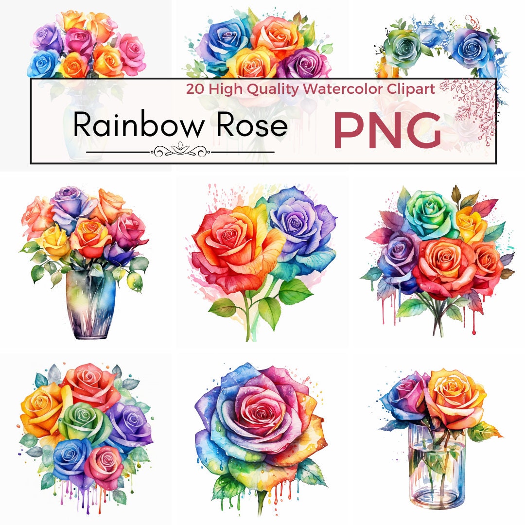 20 PNG Watercolor Rainbow Roses Clipart, Colorful Rose Clipart, Roses ...