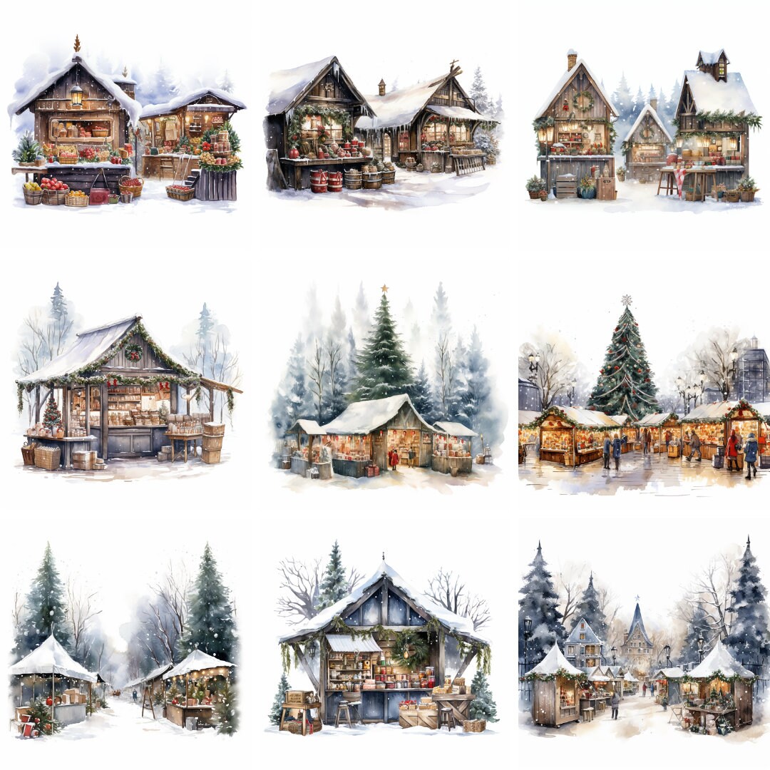 20 Winter Village Market Watercolor Clipart High Quality Png - Etsy