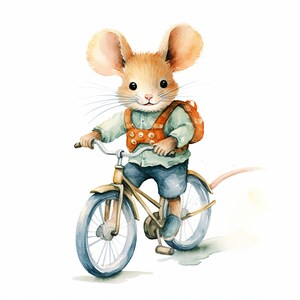 Watercolor Mice on Bicycle Clipart, High Quality JPG, Nursery Wall Art ...