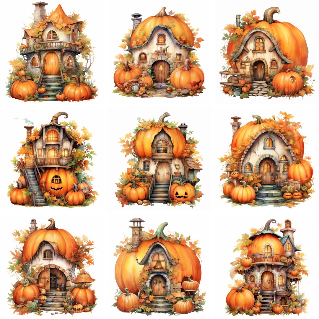 20 Pumpkin House Watercolor Clipart, High Quality Png, Cozy Cottage ...