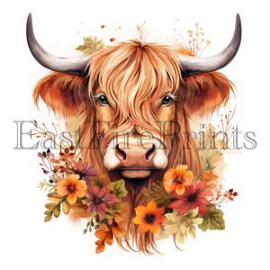 Watercolor Fall Highland Cow Clipart, High Quality Png, Floral Autumn ...