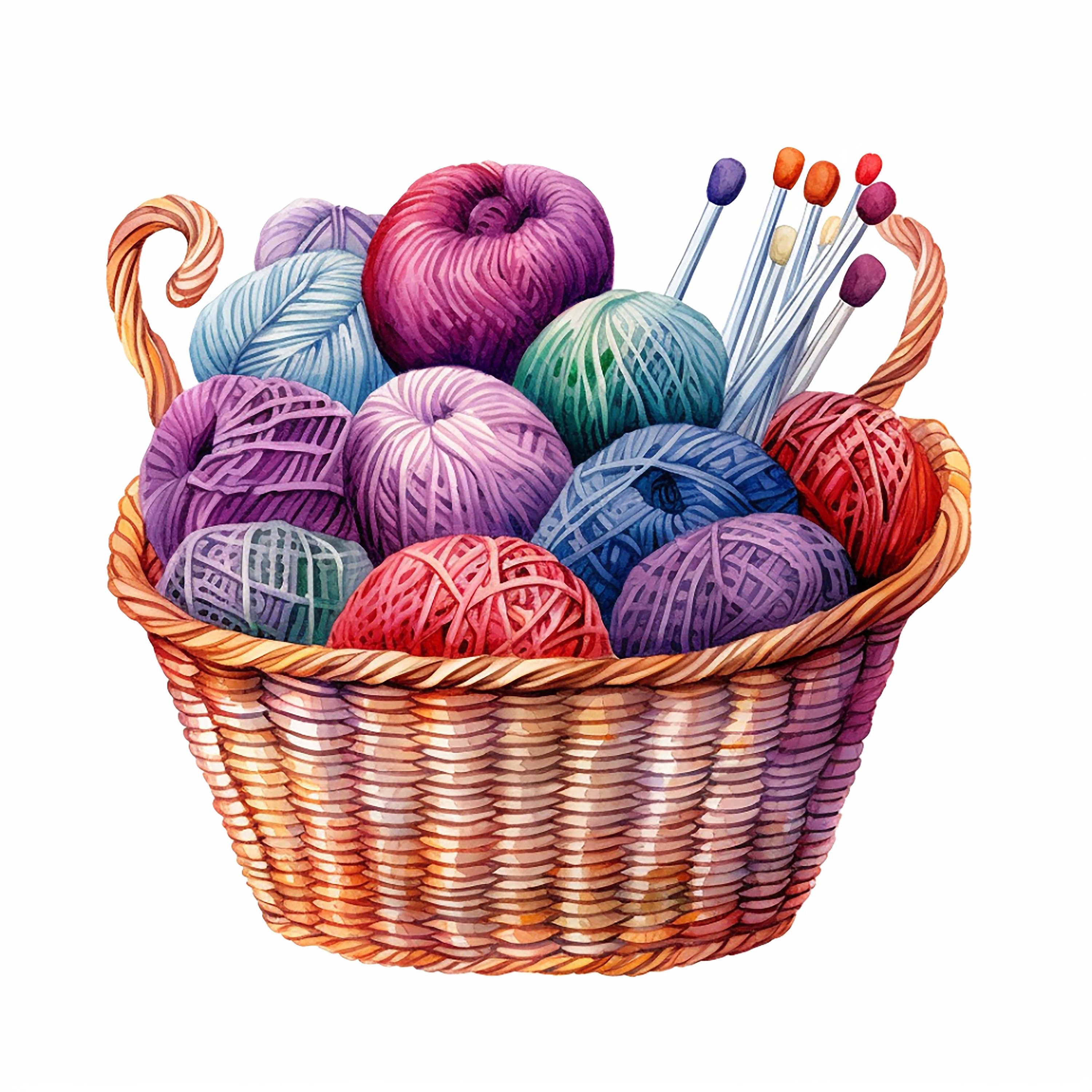 Watercolor Knitting Basket Clipart Crochet Clipart Yarn and - Etsy