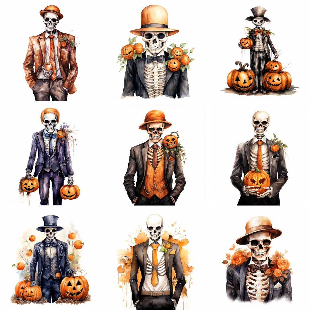 Pumpkin Skeleton Watercolor Clipart, Spooky Png, Halloween Png, Gothic ...