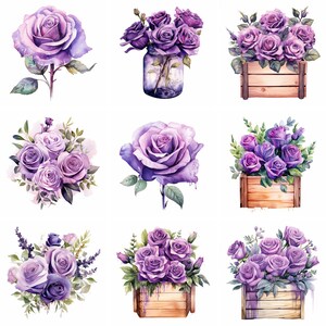 Watercolor Purple Rose Clipart, Floral Clipart Rose Sublimation Cute ...