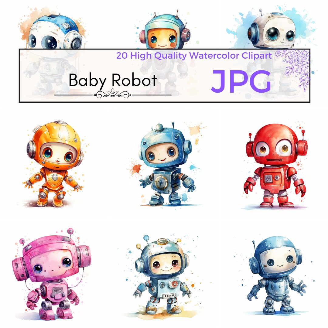Watercolor Baby Robot Clipart Futuristic Clipart Nursery Jpg - Etsy