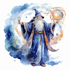 Watercolor Celestial Wizard Clipart, High Quality JPG, Fantasy Wall Art ...