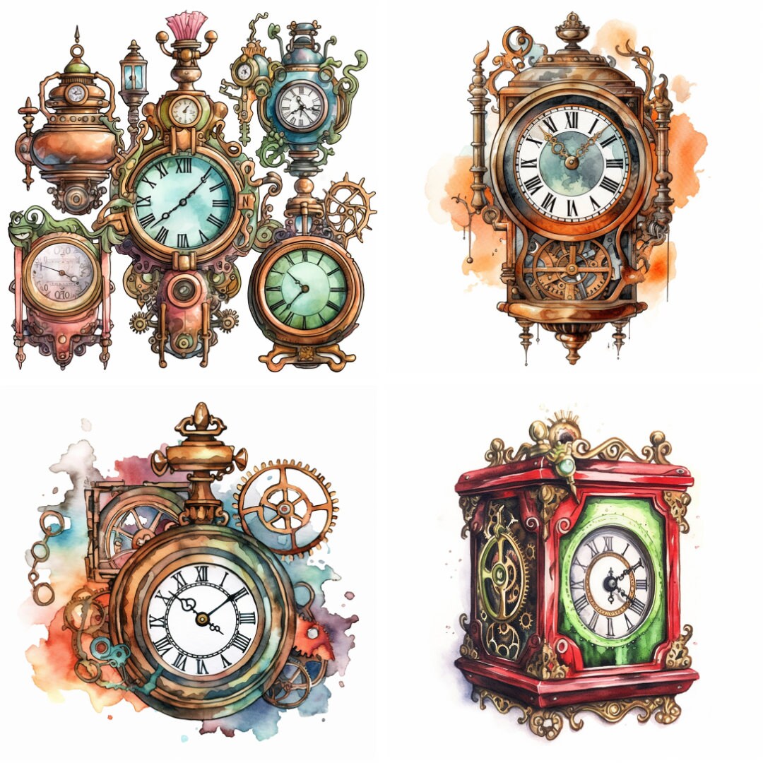 20 Steampunk Clock Watercolor Clipart Set Vintage Clock - Etsy