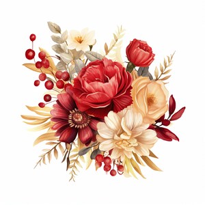 Watercolor Red and Gold Floral Clipart, High Quality JPG, Watercolor ...