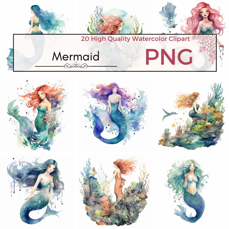 20 Watercolor Mermaid Clipart Bundle High Quality PNG Digital Download ...