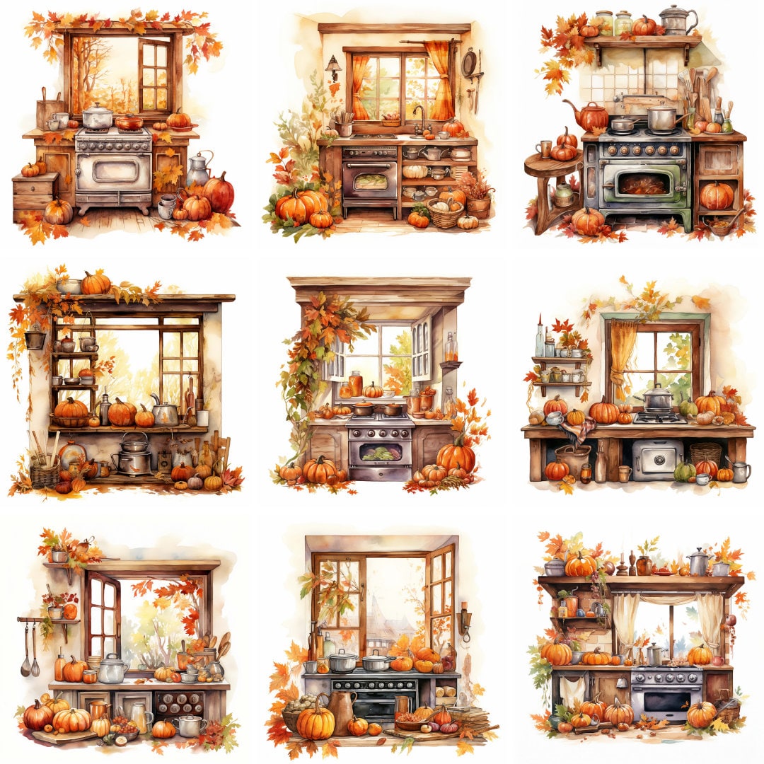 Watercolor Fall Kitchen Clipart Autumn Printables Fall - Etsy