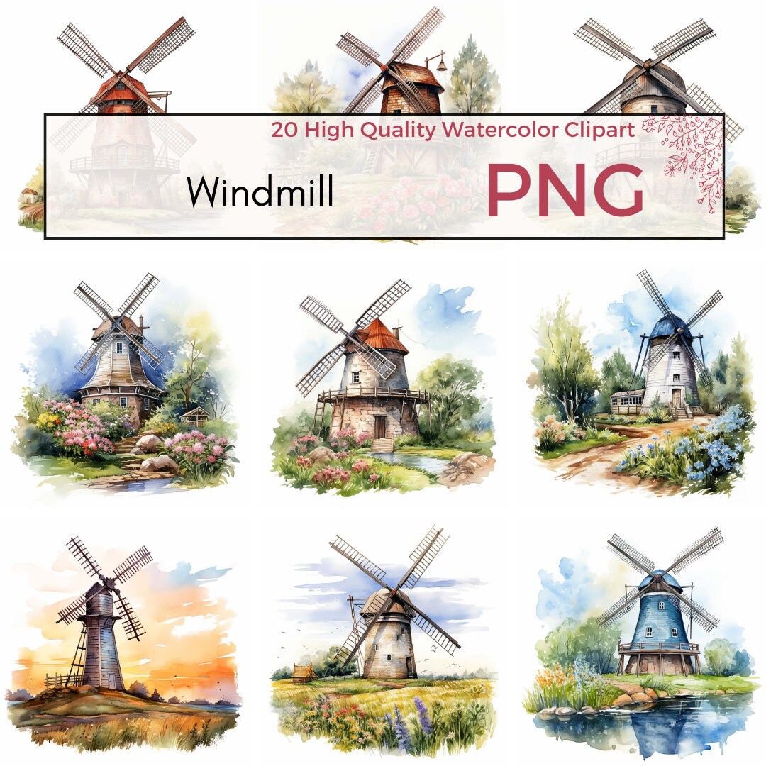 Windmill Clipart, High Quality PNG, Watercolor Farm Clipart, Farm ...