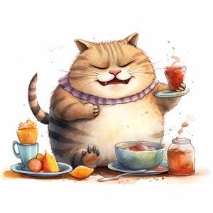 Watercolor Fat Cat Clipart, High Quality JPG, Cubby Cat Wall Art, Funny ...