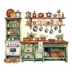 Watercolor Vintage Kitchen Clipart, Vintage Printables, Food Clipart ...