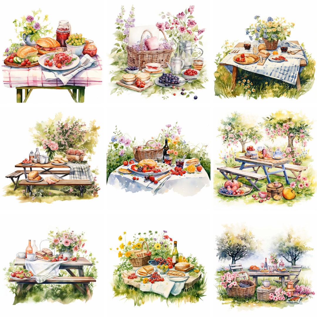 Watercolor Picnic in A Garden Clipart Floral Spring Clipart - Etsy