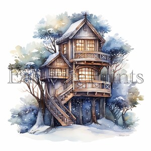 Watercolor Winter Tree House Clipart, High Quality Png, Christmas Clip ...