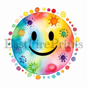 20 Retro Groovy Smiley Face Clip Art, Watercolor Clipart, Hippie, High ...
