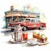 Watercolor Diner Scene Clipart, Retro Clipart, Vintage Diner Clipart ...
