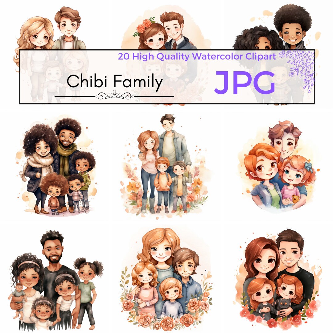 Watercolor Chibi Family Clipart, Cute Clipart Family Jpg Chibi Graphics ...