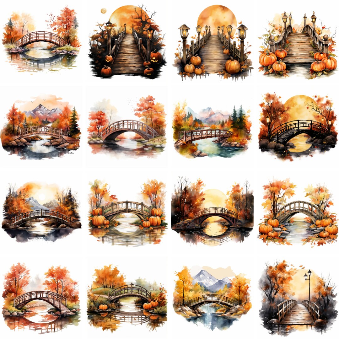 Watercolor Fall Bridge Clipart, Autumn Clipart, Halloween Art, Fall Art ...