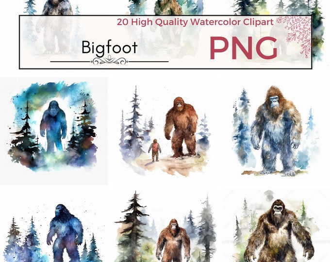 Set of 20 Watercolor Bigfoot Clipart, Sasquatch Illustrations, Digital ...