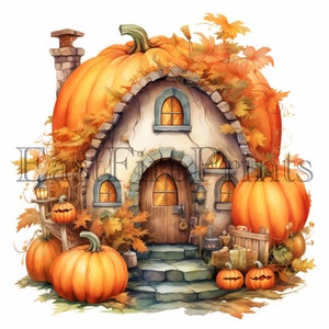 20 Pumpkin House Watercolor Clipart, High Quality Png, Cozy Cottage ...
