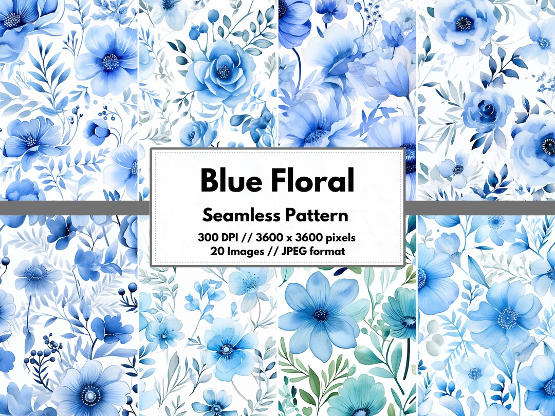 Blue Floral Digital Paper, High Quality JPG, Flower Seamless Pattern ...