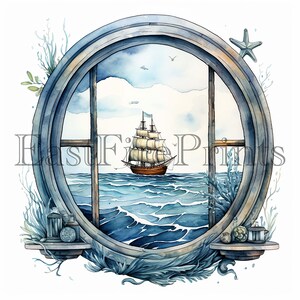 Watercolor Nautical Window Clipart PNG, Marine Clip Art, Window ...