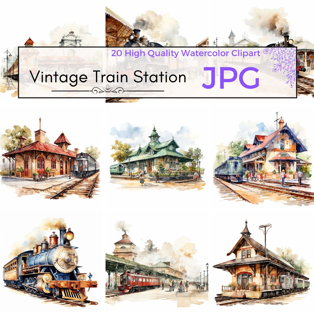 Watercolor Vintage Train Station Clipart, Train Clipart, Nursery ...