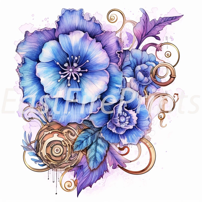 20 Steampunk Flowers Watercolor Clipart PNG Steampunk Roses - Etsy