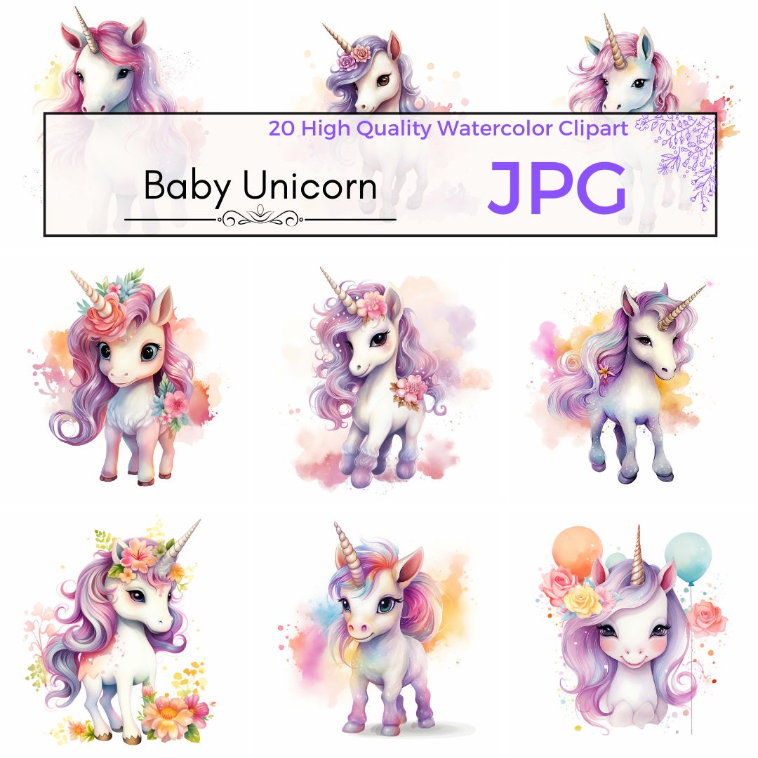 Watercolor Baby Unicorn Clipart, High Quality JPG, Unicorn Clipart ...