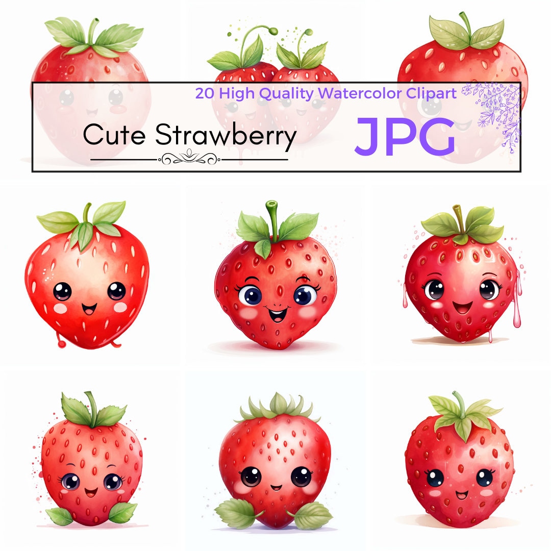 Watercolor Cute Strawberry Clipart, Kawaii Clipart Nursery Decor Fruit ...
