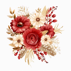 Watercolor Red and Gold Floral Clipart, High Quality JPG, Watercolor ...