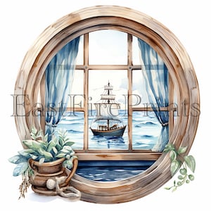 Watercolor Nautical Window Clipart PNG, Marine Clip Art, Window ...