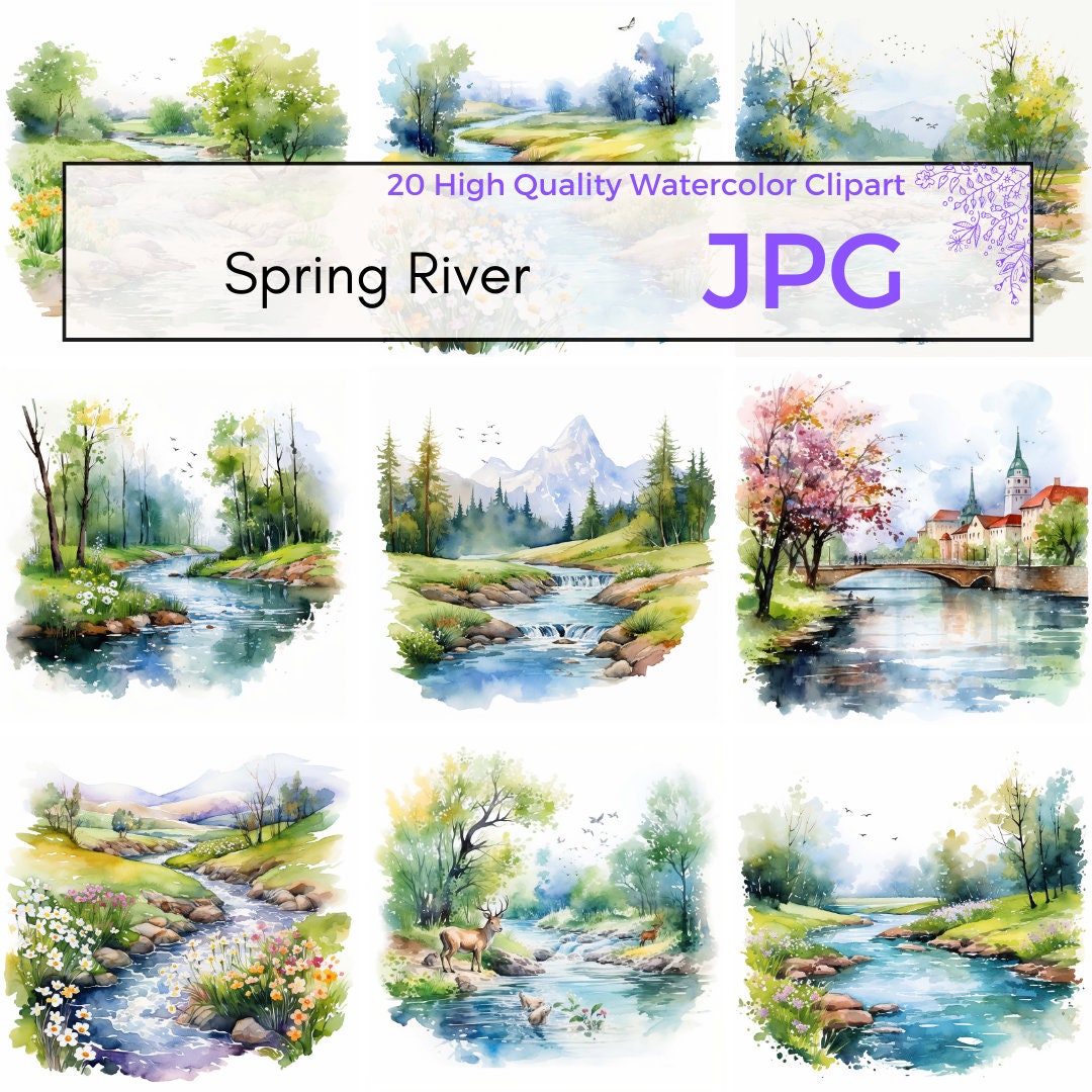 Watercolor Spring River Clipart, High Quality JPG, Spring Wall Art ...